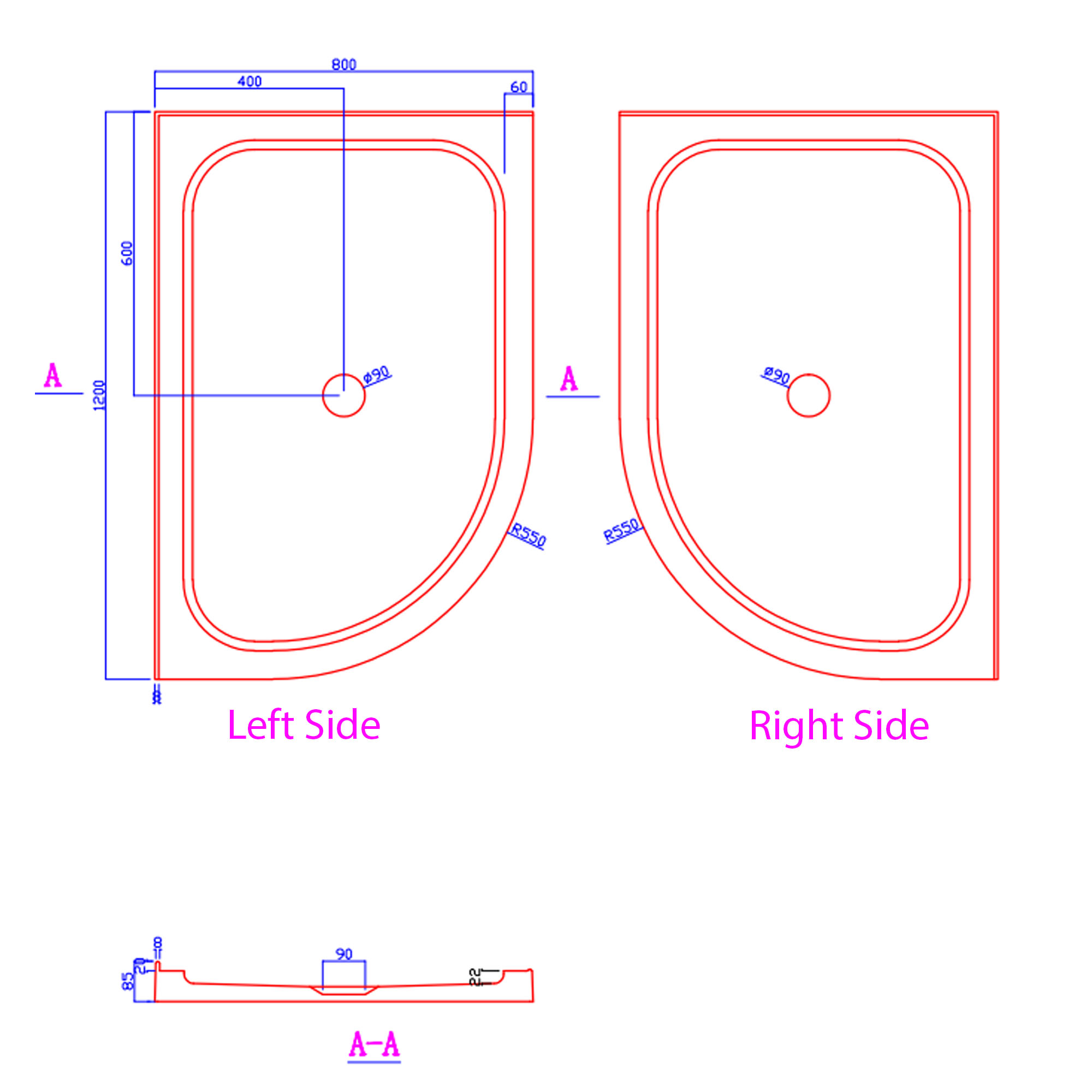 1200 X 800 Curved Shower Tray – 2 Lips – Center & Corner Waste - LHS ...
