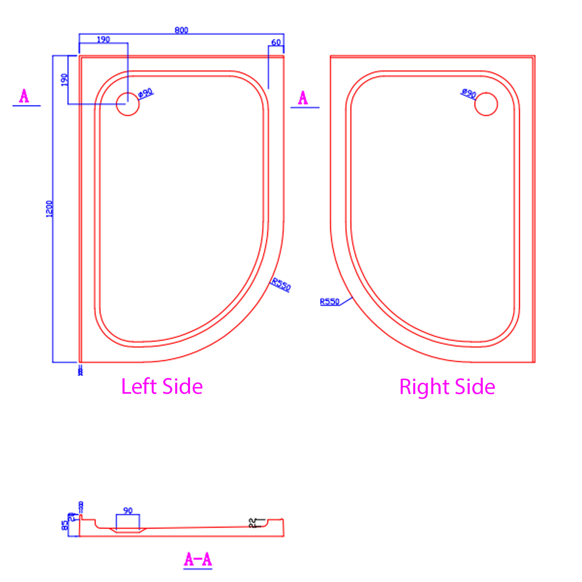 1200 X 800 Curved Shower Tray – 2 Lips – Center & Corner Waste - LHS ...